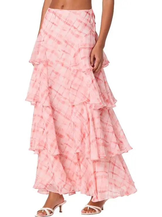 Astr The Label Maia Plaid Ruffle Tiered Maxi Skirt - Pink Plaid