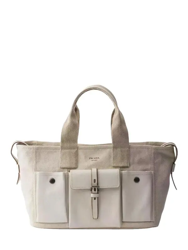 Prada Route Canvas And Leather Tote Bag - Neutrals