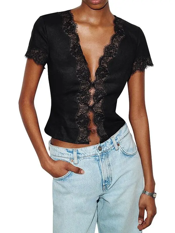 REFORMATION Brynn Linen Top With Lace Detail - Black