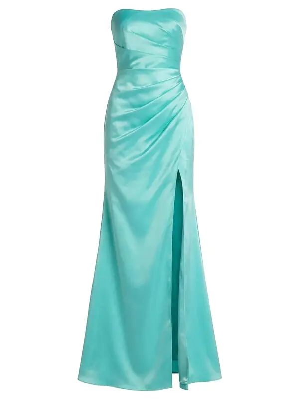 Mac Duggal Strapless Satin Gown With Slit - Blue