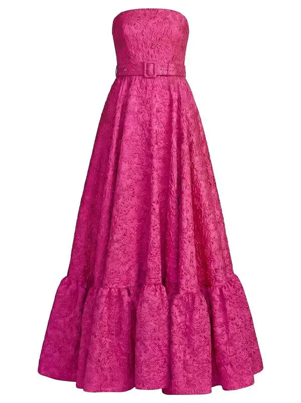 Mac Duggal Floral Brocade Strapless Ball Gown With Belt - Pink