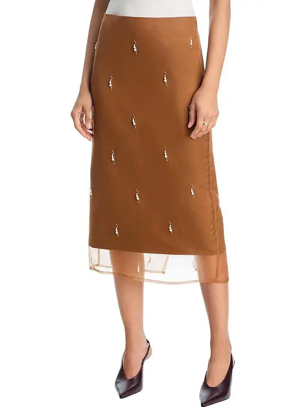 RÓHE Silk Organza Embellished Midi Skirt - Cognac