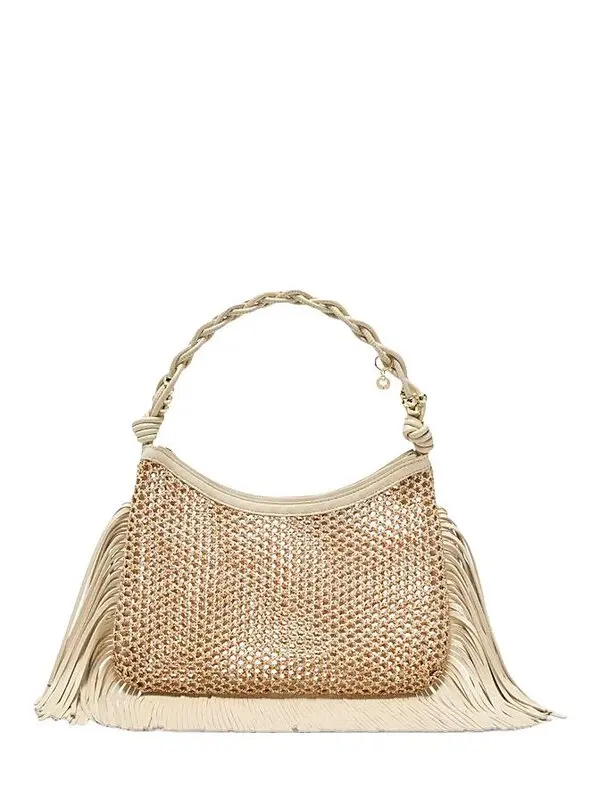 Maje Fringed Leather Mesh Hobo Bag - Nude