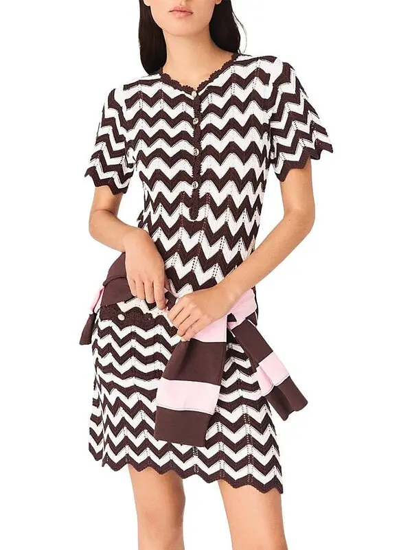 Maje Zig Zag Crocheted Dress - Brown / White