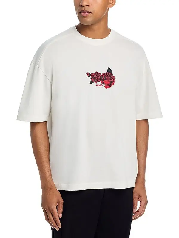 Hugo Domans Oversized Fit Floral Logo T-shirt - Natural