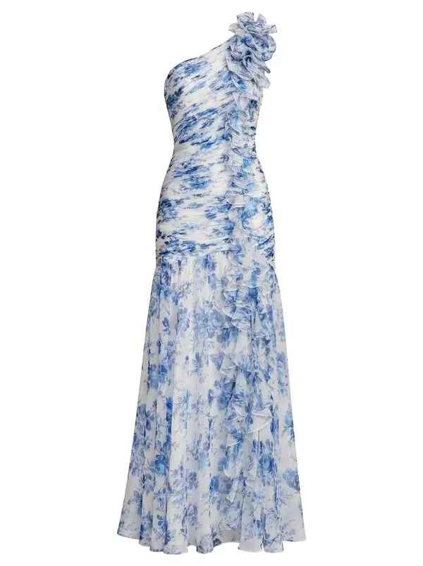Mac Duggal Floral Gown With Ruffles - White