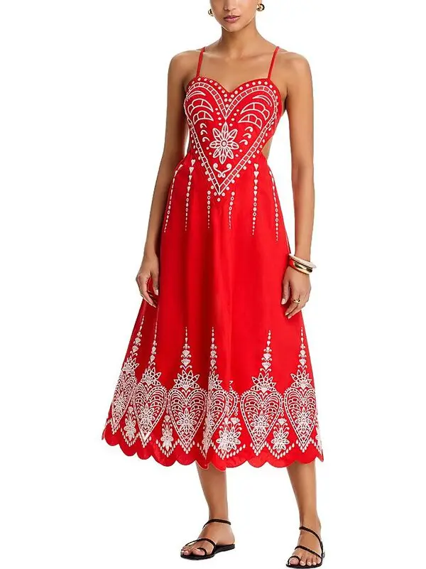 Farm Rio Heart Richilieu Sleeveless Midi Dress - Dark Red