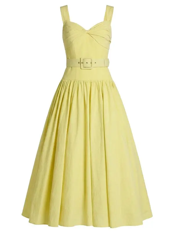 Mac Duggal Sleeveless A-line Midi Dress With Belt - Yellow