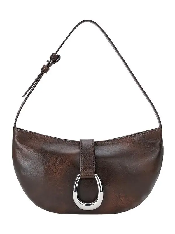 Staud Harlow Crescent Leather Shoulder Bag - Espresso Distressed
