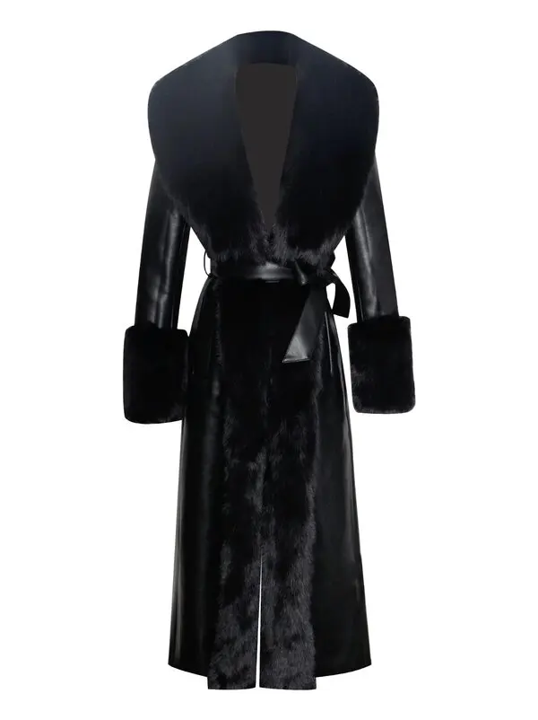 MISS CIRCLE NEW YORK Vegan Leather Coat With Faux Fur Trim - Black