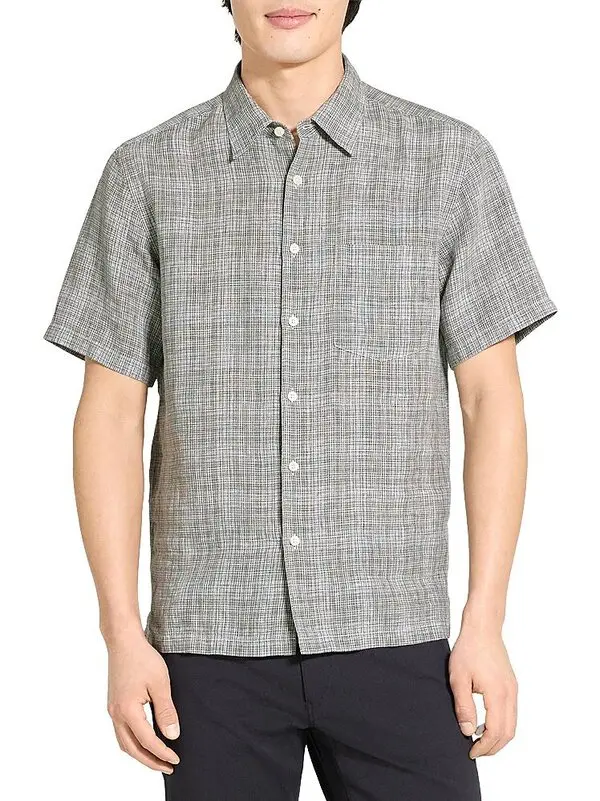 Theory Irving Short Sleeve Shirt In Relaxed Linen - Pine Grove Multi