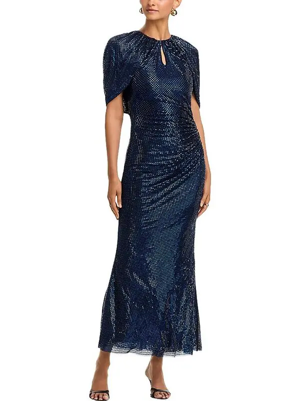 SELF-PORTRAIT Rhinestone Cape Sleeve Midi Dress - Navy Blue