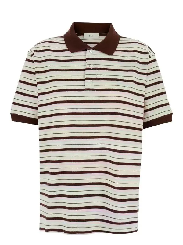 DUNST Striped Cotton Polo Shirt - Brown