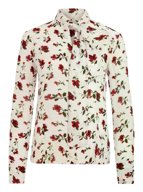 Oscar De La Renta Hibiscus Silk Chiffon Blouse - White