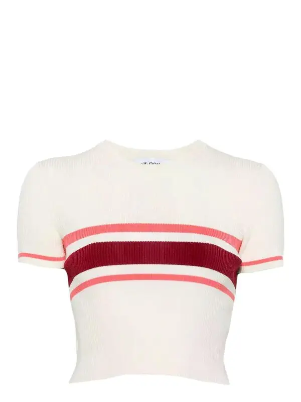 SELF-PORTRAIT Striped Ribbed-knit T-shirt - Neutrals