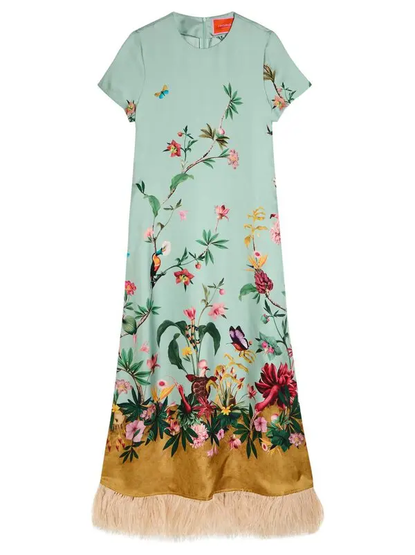 La DoubleJ Floral-print Feather Hem Silk Maxi Dress - Blue