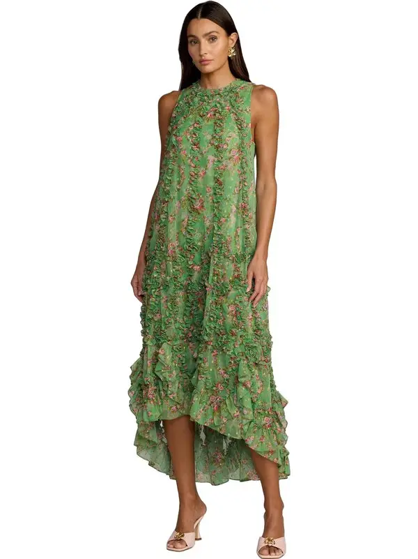 Mac Duggal Sleeveless Floral Chiffon Micro Ruffle Trapeze Midi Dress - Green