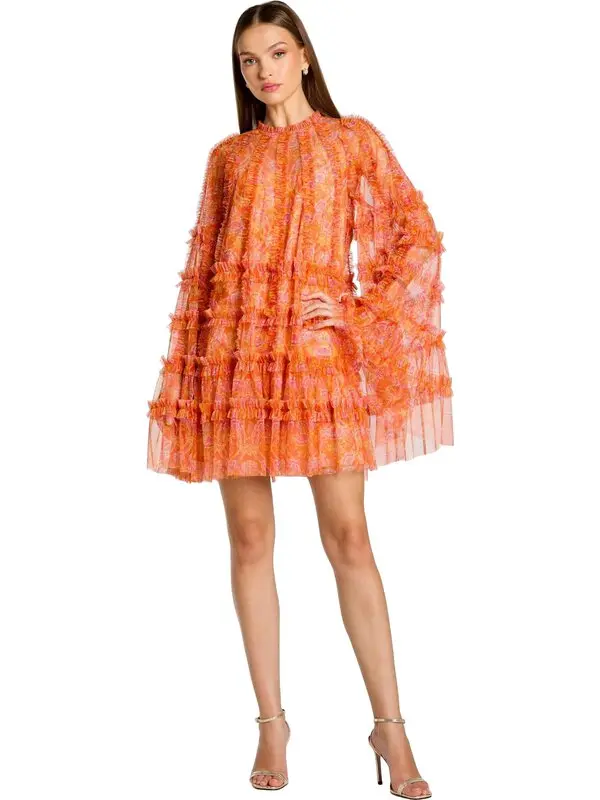 Mac Duggal Floral Ruffle Long Sleeve Mini Dress - Mango Multi