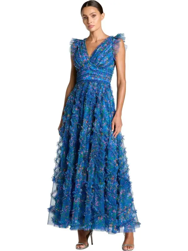 Mac Duggal Floral V-neck Ruffle Maxi Dress - Blue