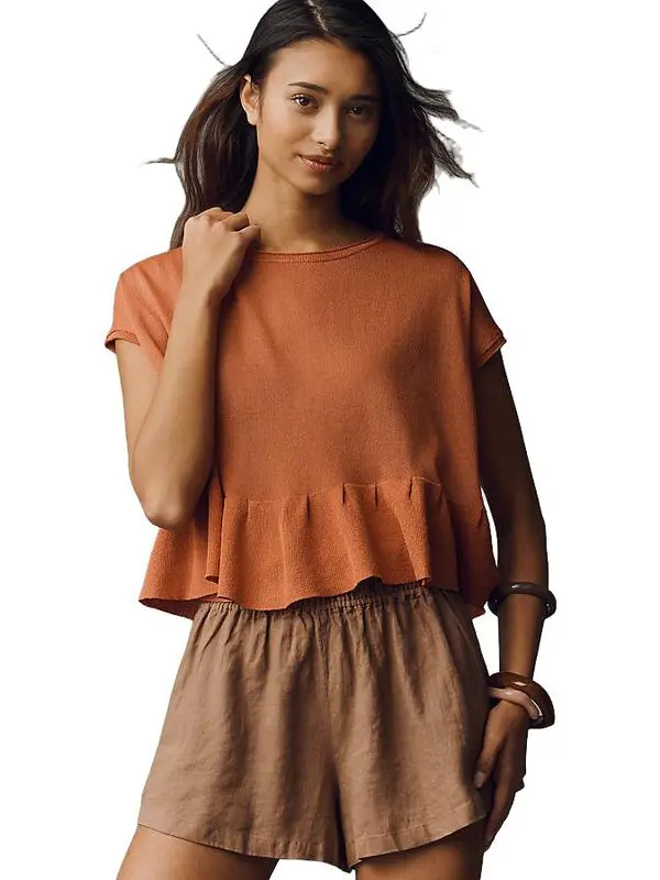 Anthropologie Short-sleeve Crew-neck Ruffle Sweater - Amber