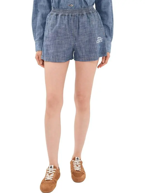 Off-White Chambray Embroidered Logo Pajama Shorts - Dark Blue