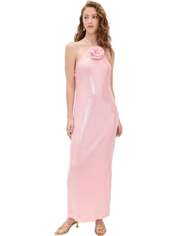 Endless Rose Halter Neck Sequined Maxi Dress With Rosette Embellishment - Baby Pink