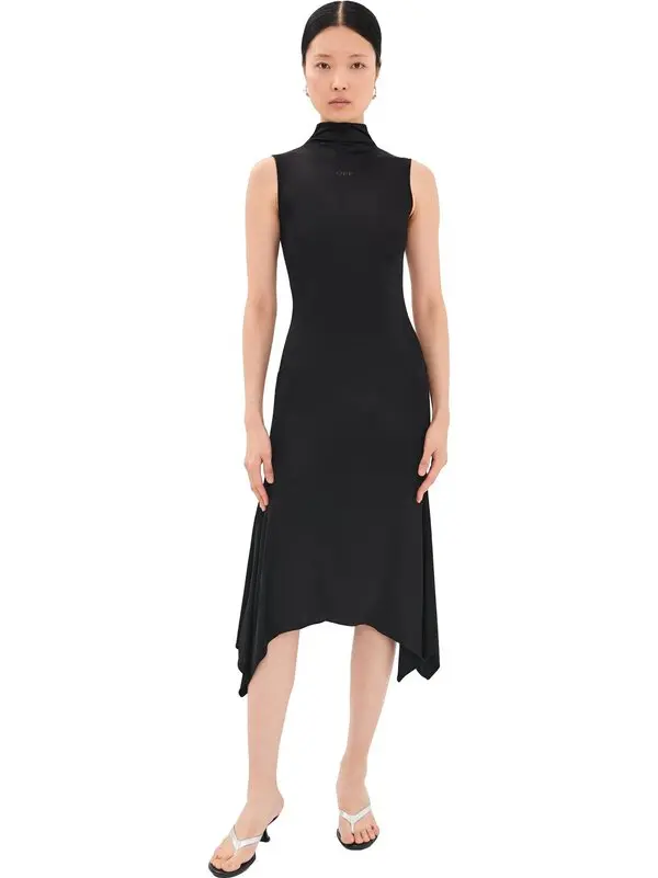 Off-White Sleeveless Turtleneck Midi Dress With Draped Hem - Black