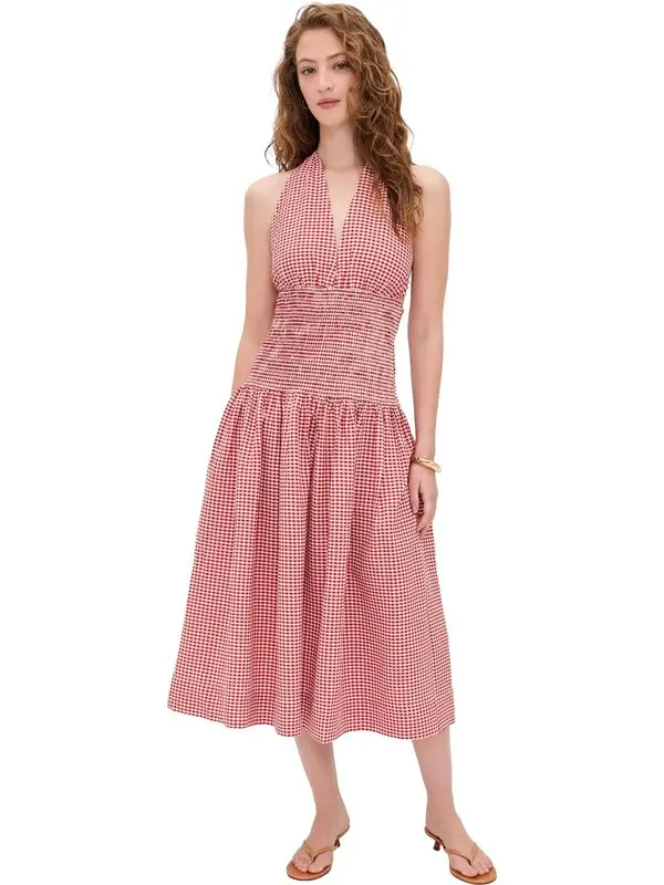 WAYF Margeaux Halter Neck Gingham Check Midi Dress - Red
