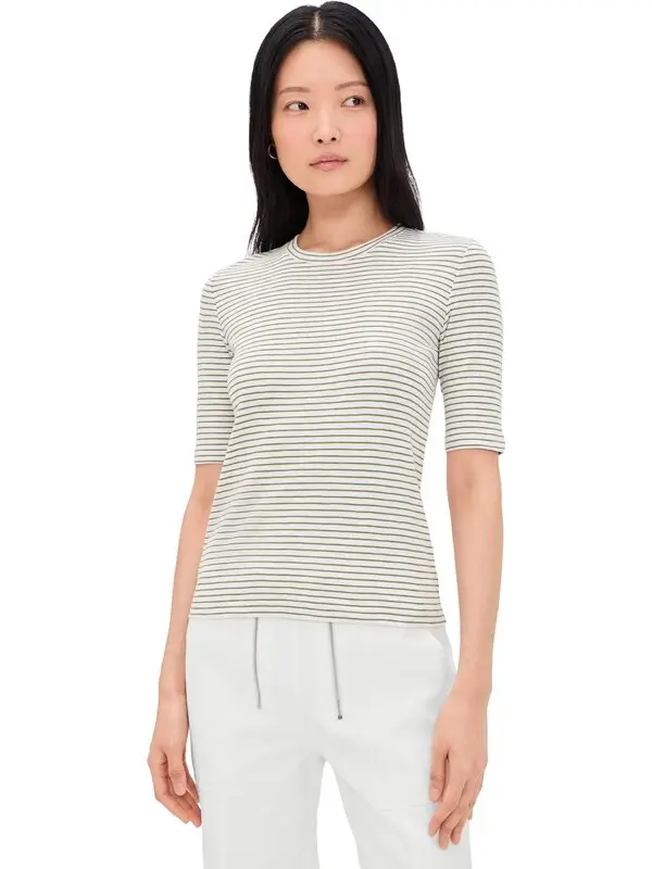 Vince Striped Elbow Sleeve Crewneck Top - Tapenade Combo