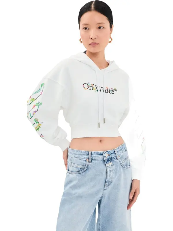 Off-White Floral Print Crop Hoodie - White