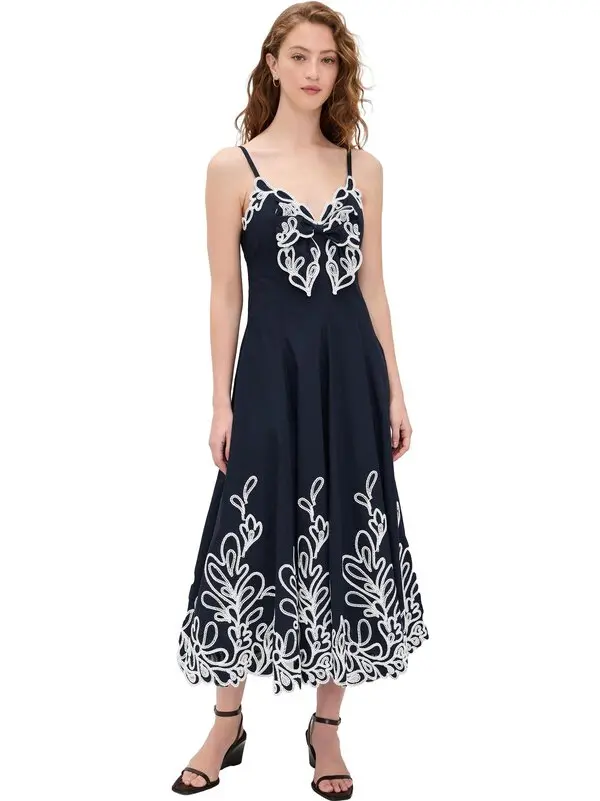 Cinq À Sept Embroidered Bow Neck Midi Dress - Navy/white