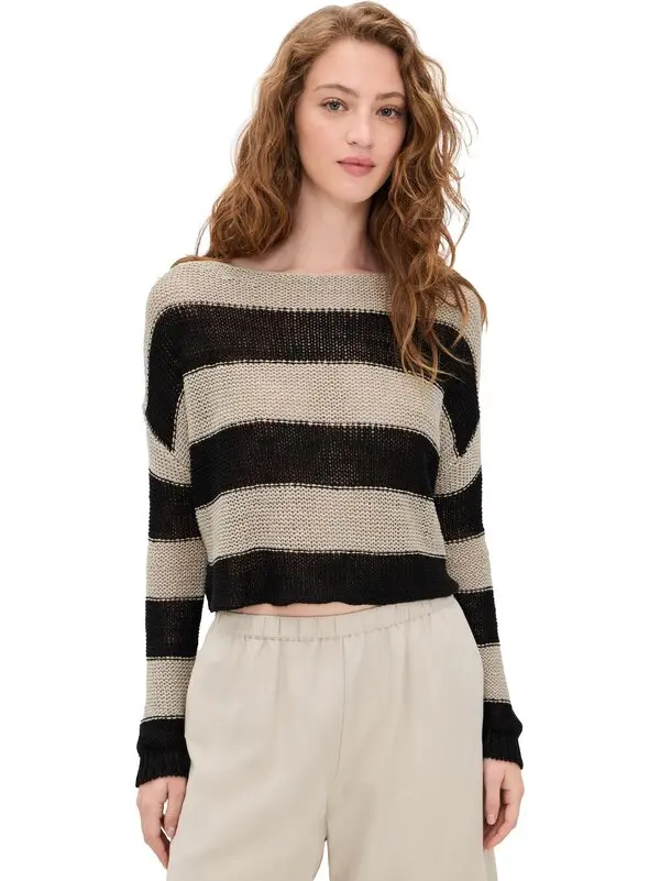 Enza Costa Stripe Linen Bateau Sweater - Oatmeal/black