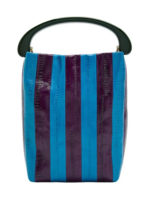 Dries Van Noten Striped Glossed Leather Top Handle Bag - Turquoise