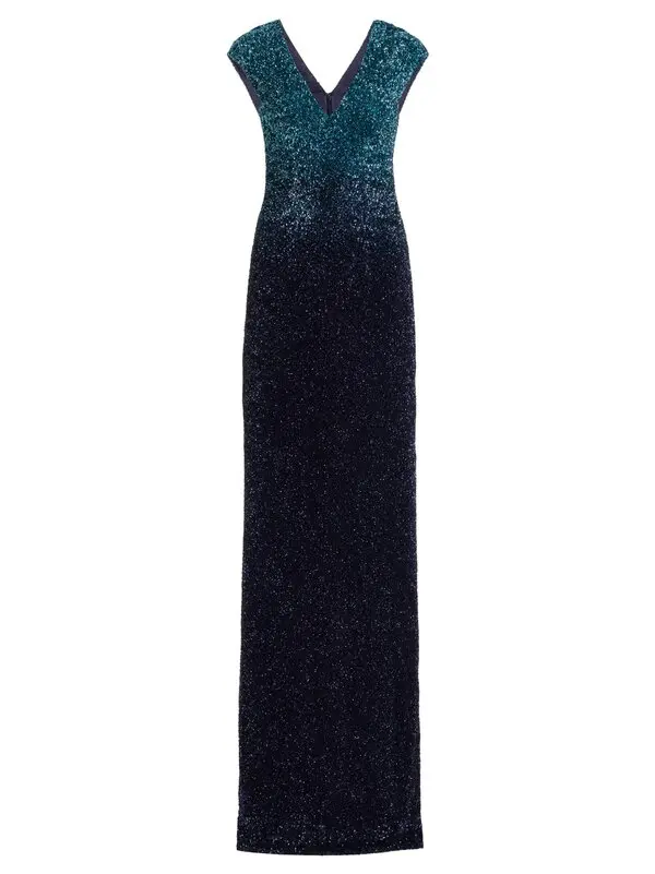 Pamella Roland Signature Sequin V-neck Gown - Blue