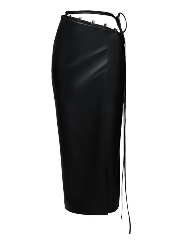 LIKA Midi Faux Leather Skirt With Tie Detailing - Black