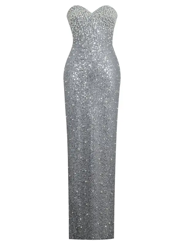 MISS CIRCLE NEW YORK Sequin And Pearl-embellished Maxi Dress - Silver