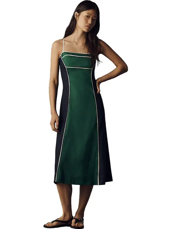 Maeve Linen Colorblock Midi Dress - Green / Navy Combo
