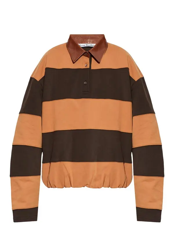 Acne Studios Striped Polo Shirt With Leather Collar - Brown
