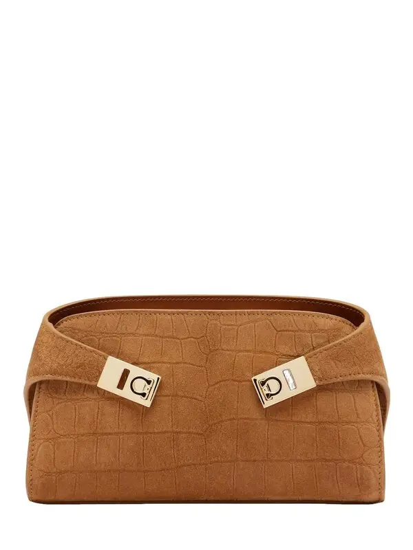 FERRAGAMO Hug Mini Croc-effect Suede Clutch - Brown