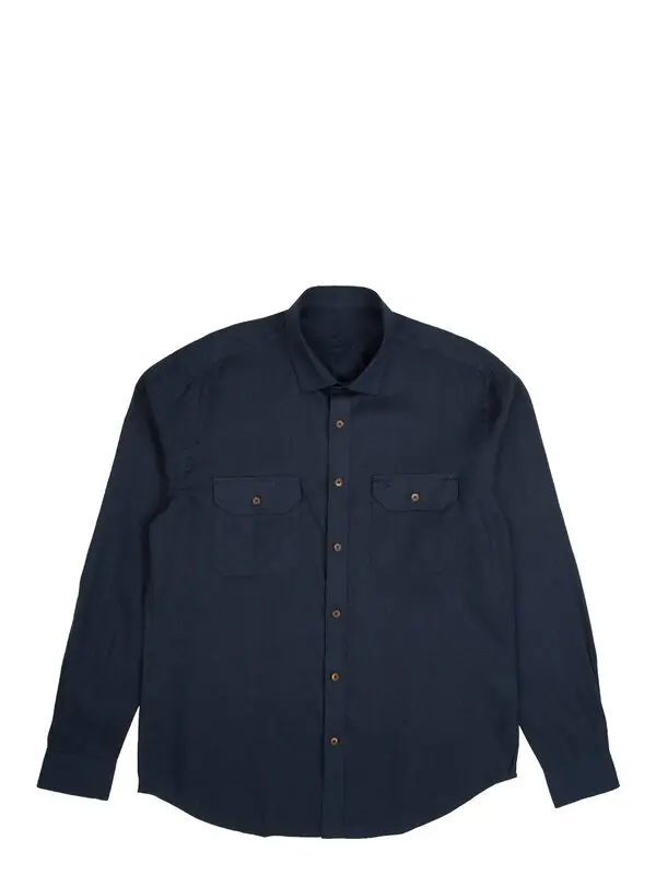 EIGHT X Essential Utility Linen Long Sleeve Button Down Shirt Navy - Blue