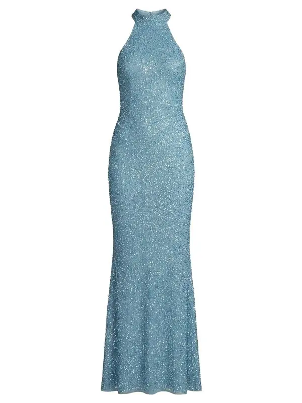 Mac Duggal Embellished Halter Neck Open Back Column Gown - Blue