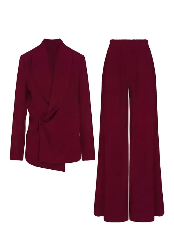 BLUZAT Burgundy Wrap Blazer And Flared Trousers Set - Red