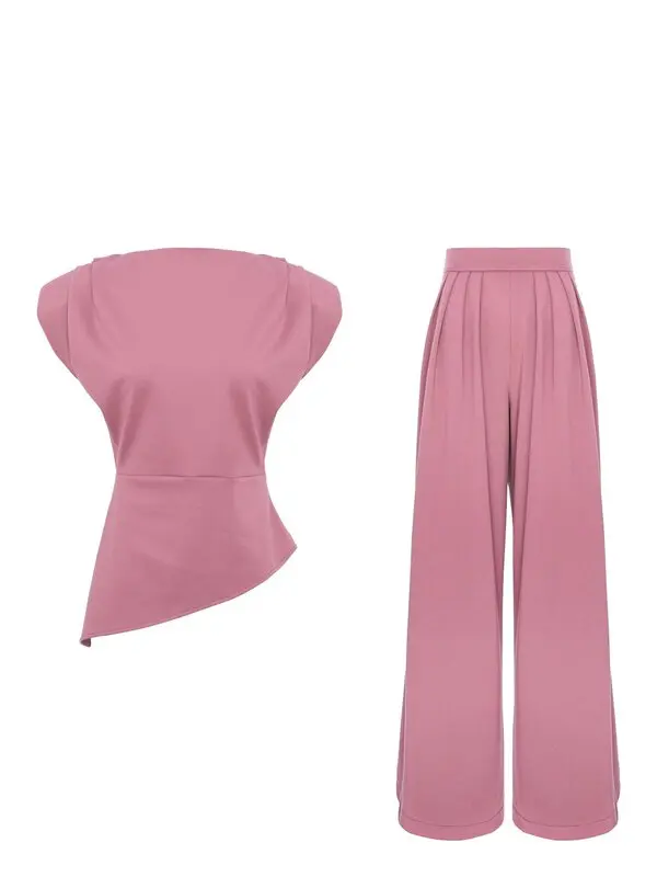 BLUZAT Structured Shoulder Top And Palazzo Pants Set - Pink