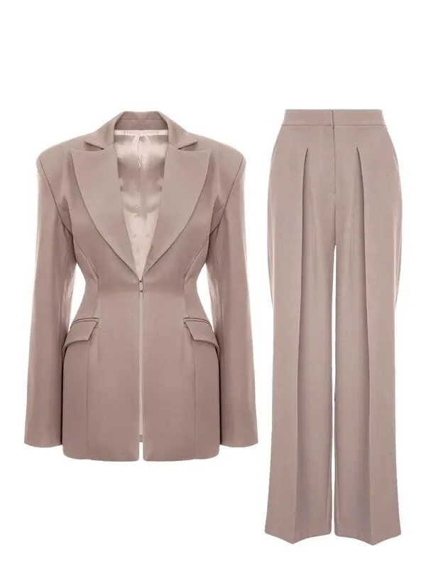 BLUZAT Tailored Balloon Blazer And Wide Leg Trousers Set - Grey/brown