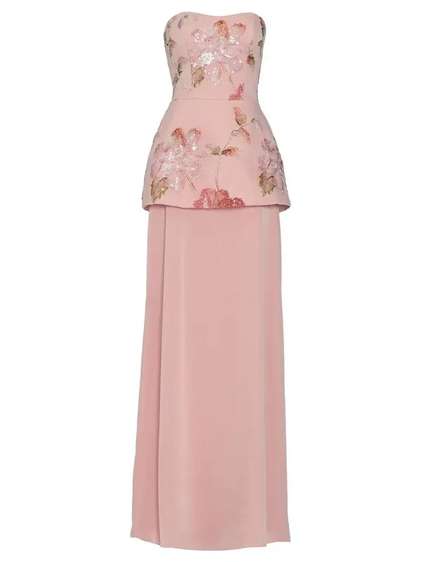 JUSTIN TONG Ellaire Beaded Cascade Strapless Maxi Dress - Pink