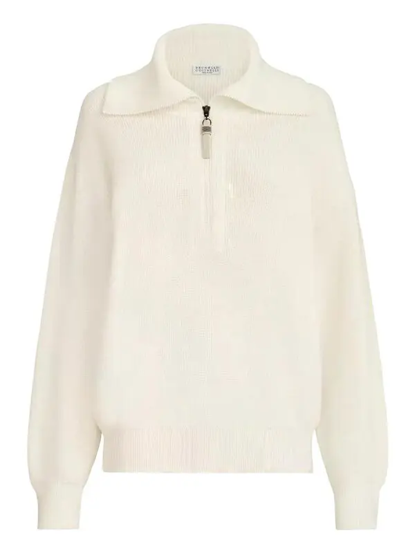 Brunello Cucinelli Cotton English Rib Sweater With Zipper Pull - Neutrals