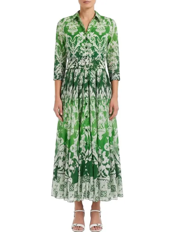 Samantha Sung Aster Ethnic Print Cotton Midi Shirt Dress - Green