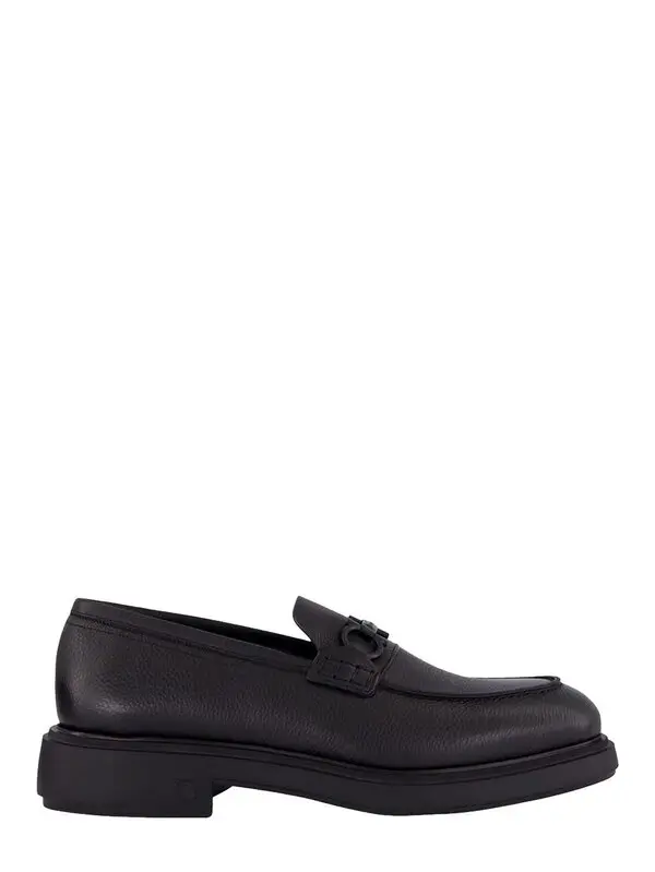 FERRAGAMO Grained Leather Loafers With Gancini Detail - Black