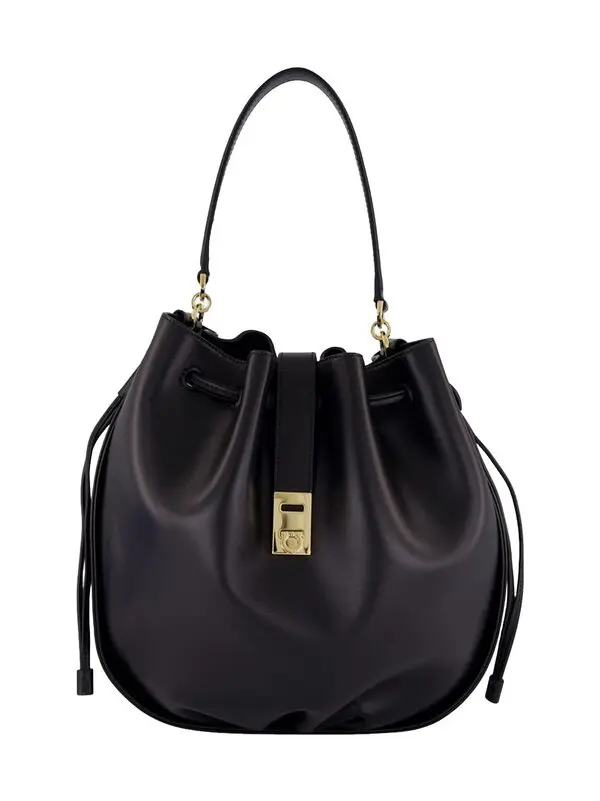 FERRAGAMO Leather Drawstring Handbag With Gold Tone Clasp - Black