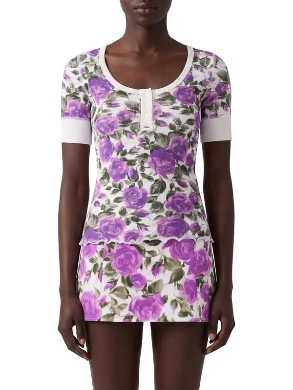 Chloé Floral Print Henley Top - White
